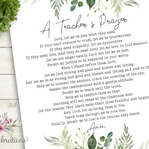 Teacher's Prayer Printable With Green Foliage - Heartfelt Gift for ...