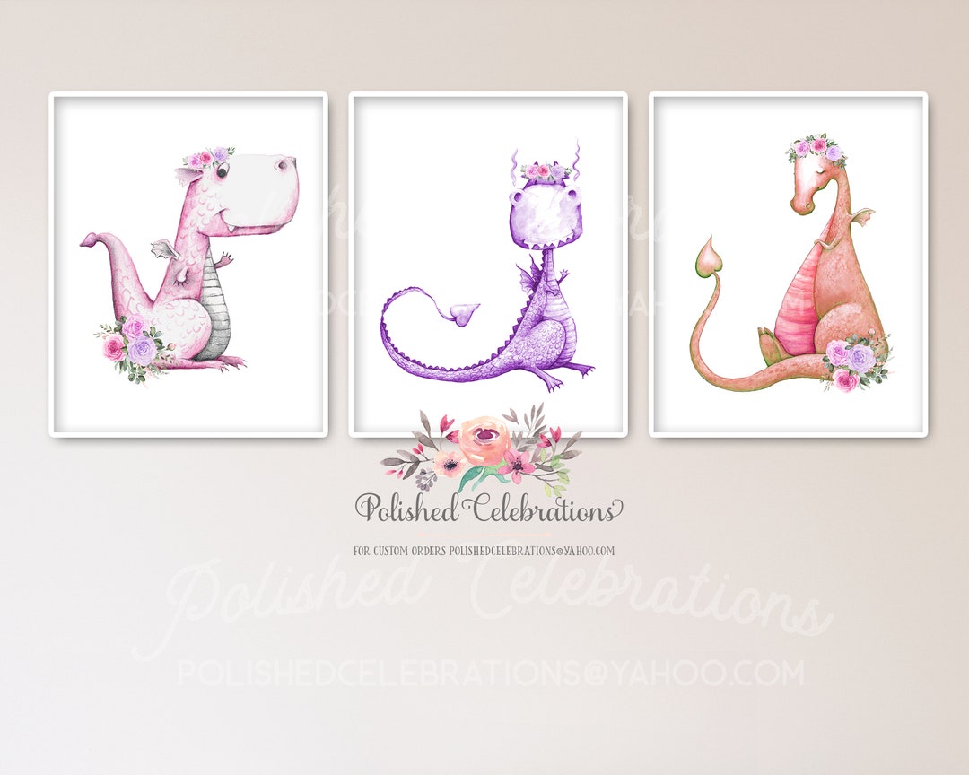 Floral Dragon Art / Printable Nursery Decor / Set of 3 Dragons / Baby ...