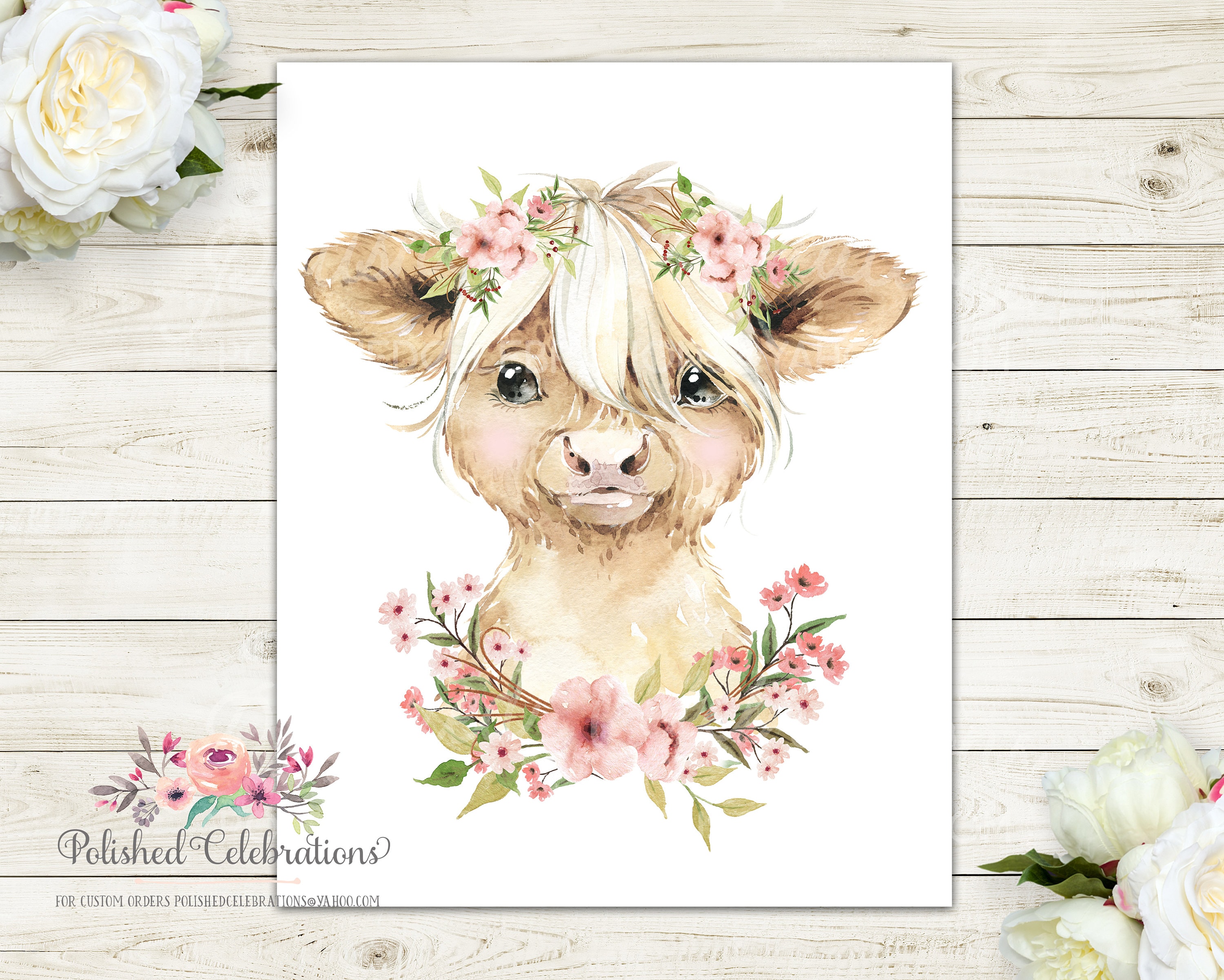 Blush Highland Cow / Printable Nursery Art / Blush Pink Flowers / Farm ...