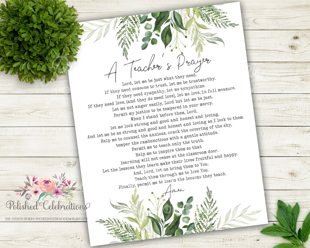 Teacher's Prayer Printable With Green Foliage - Heartfelt Gift for ...