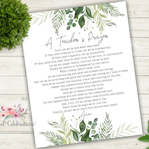 Teacher's Prayer Printable With Green Foliage - Heartfelt Gift for ...