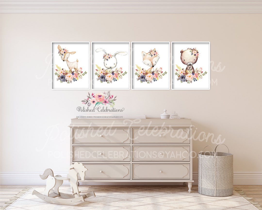 Boho Woodland Animal Set / Printable Nursery Art / Blush Pink Navy Gold ...
