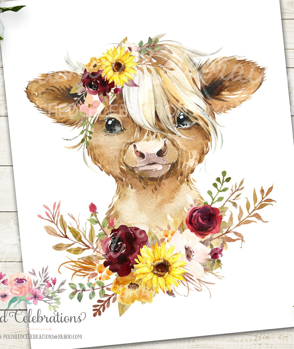 Sunflower Boho Highland Cow / Printable Nursery Art / Burgundy Maroon ...