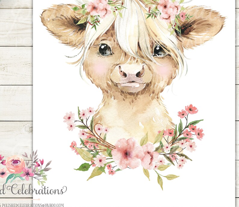 Blush Highland Cow / Printable Nursery Art / Blush Pink Flowers / Farm ...