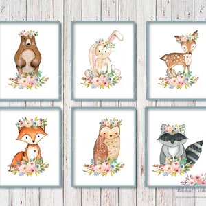 Boho Woodland Animals Set / Printable Nursery Art / Floral Watercolor ...