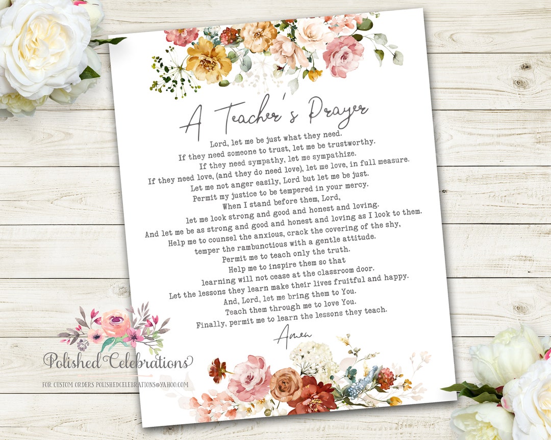 Teacher's Prayer Printable With Wildflower Foliage - Heartfelt Gift for ...