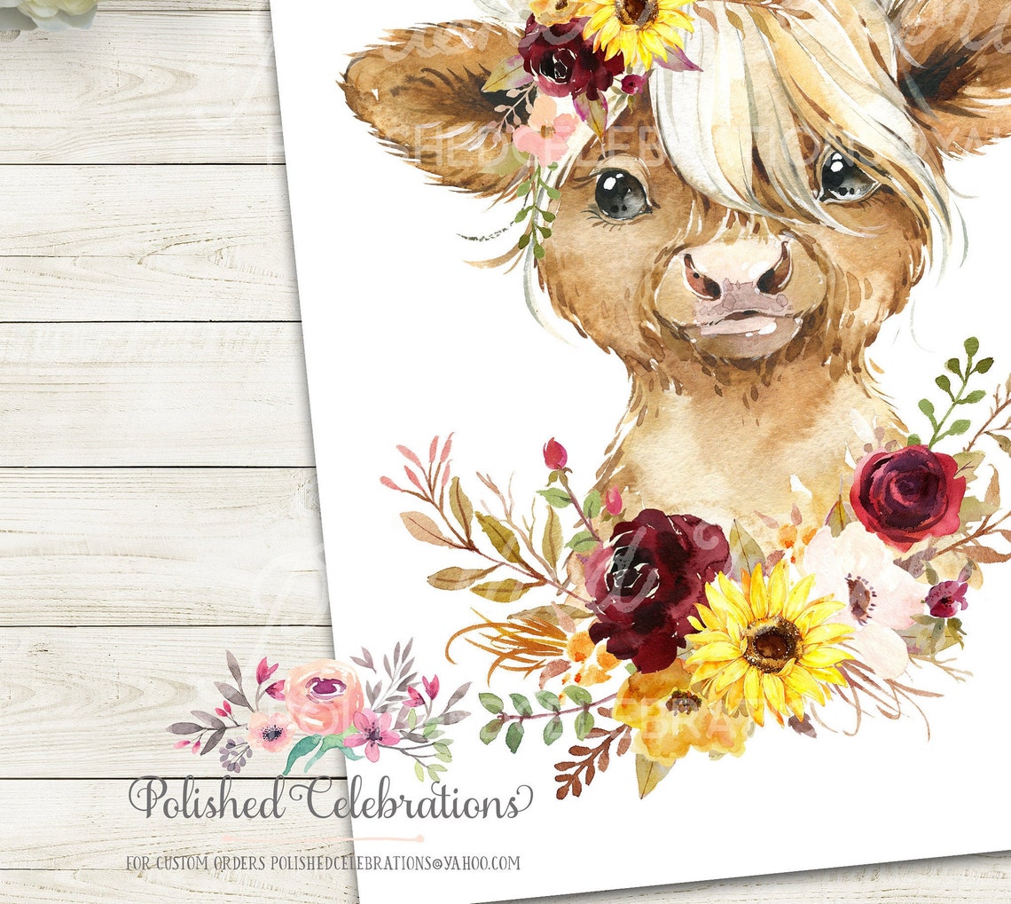 Sunflower Boho Highland Cow / Printable Nursery Art / Burgundy Maroon ...