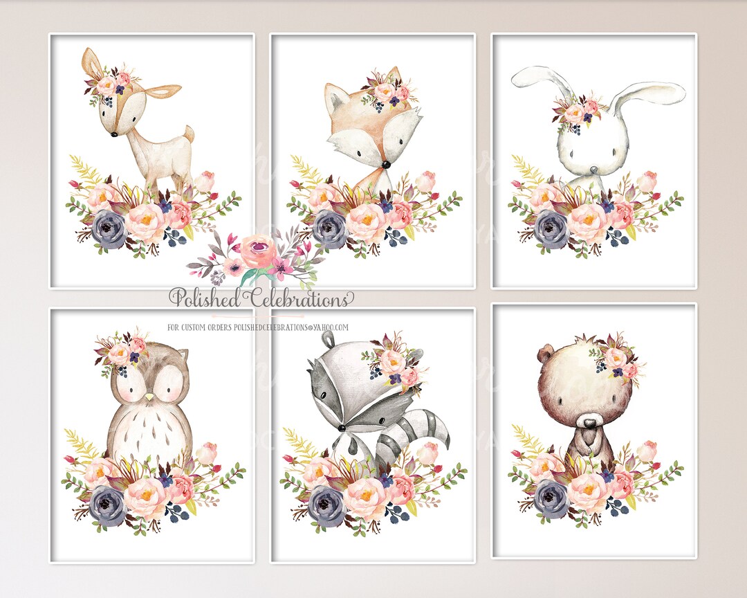 Boho Woodland Animal Set / Printable Nursery Art / Blush Pink Navy Gold ...