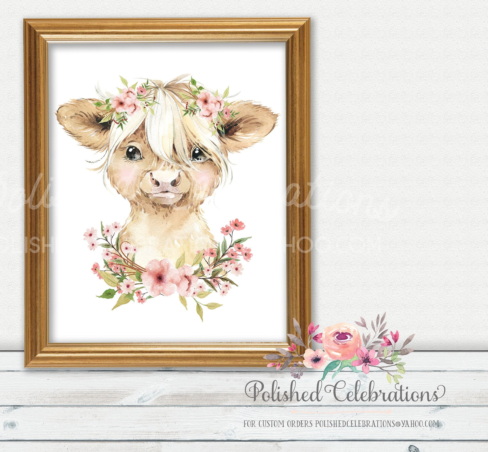 Blush Highland Cow / Printable Nursery Art / Blush Pink Flowers / Farm ...