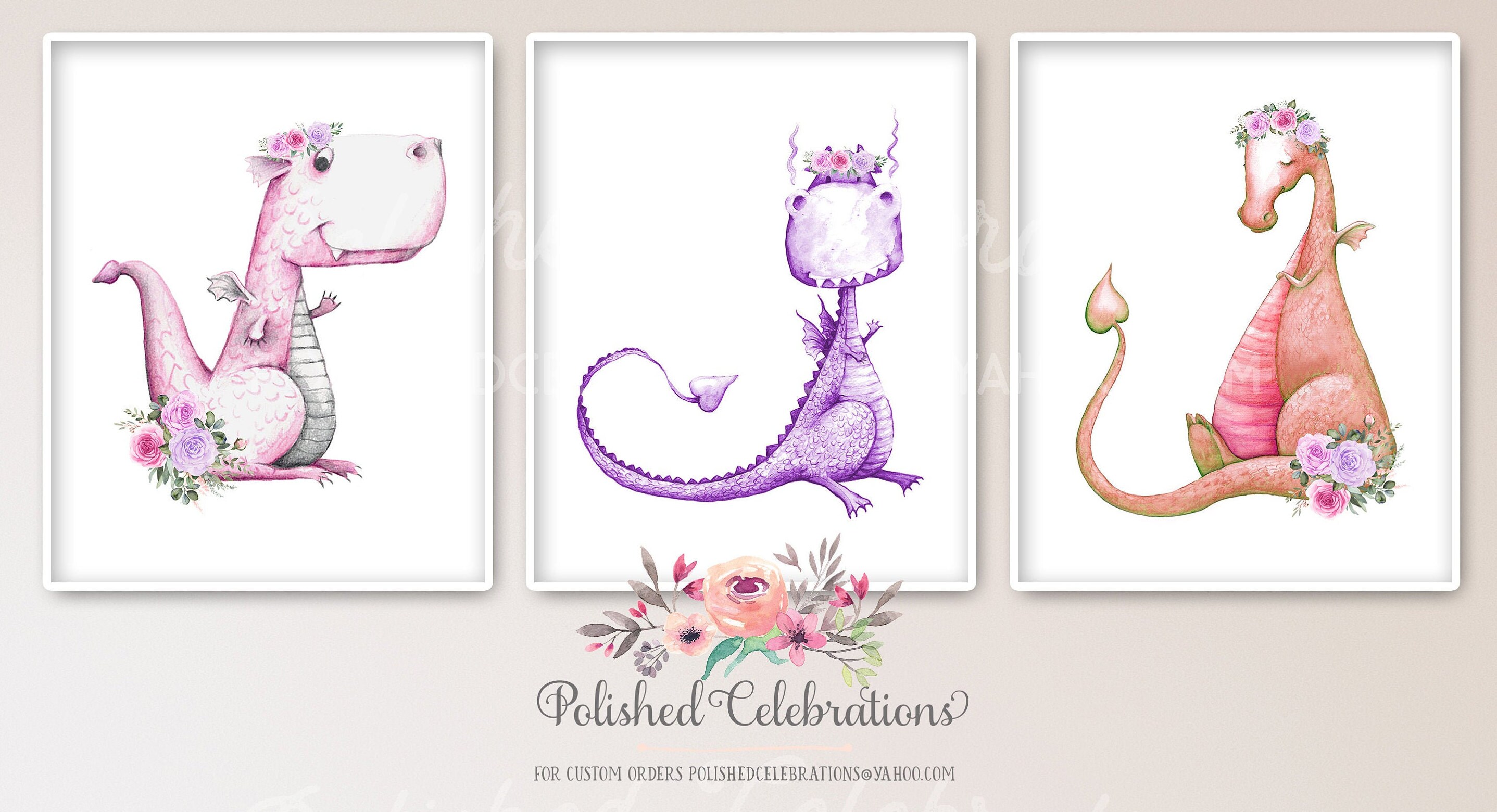 Floral Dragon Art / Printable Nursery Decor / Set of 3 Dragons | Etsy