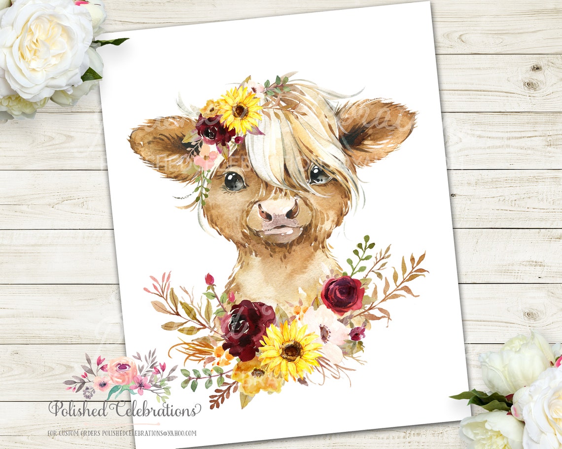 Sunflower Boho Highland Cow / Printable Nursery Art / Burgundy | Etsy