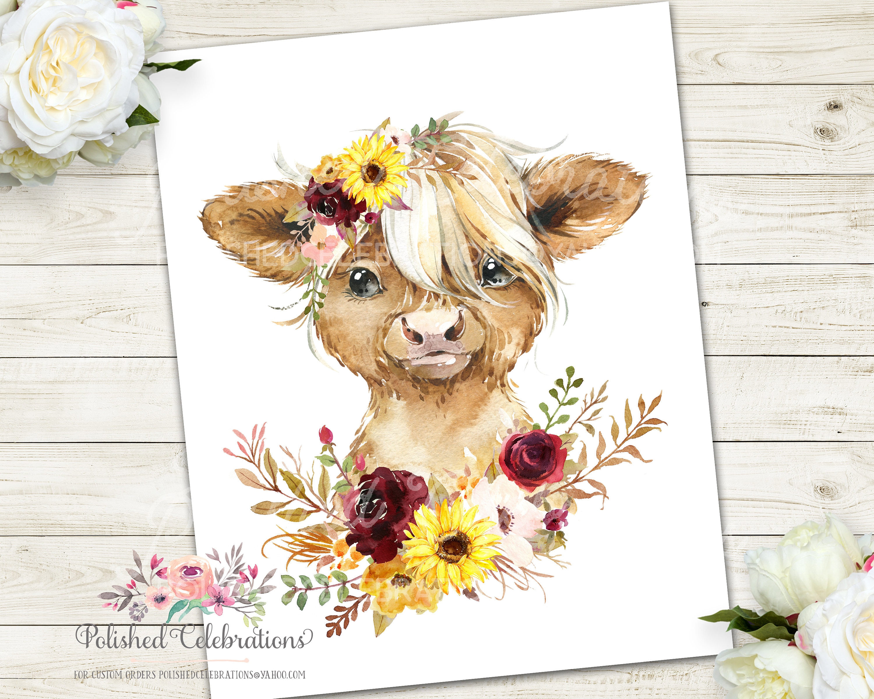 Sunflower Boho Highland Cow / Printable Nursery Art / Burgundy Maroon ...