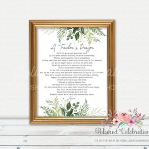 Teacher's Prayer Printable With Green Foliage - Heartfelt Gift for ...