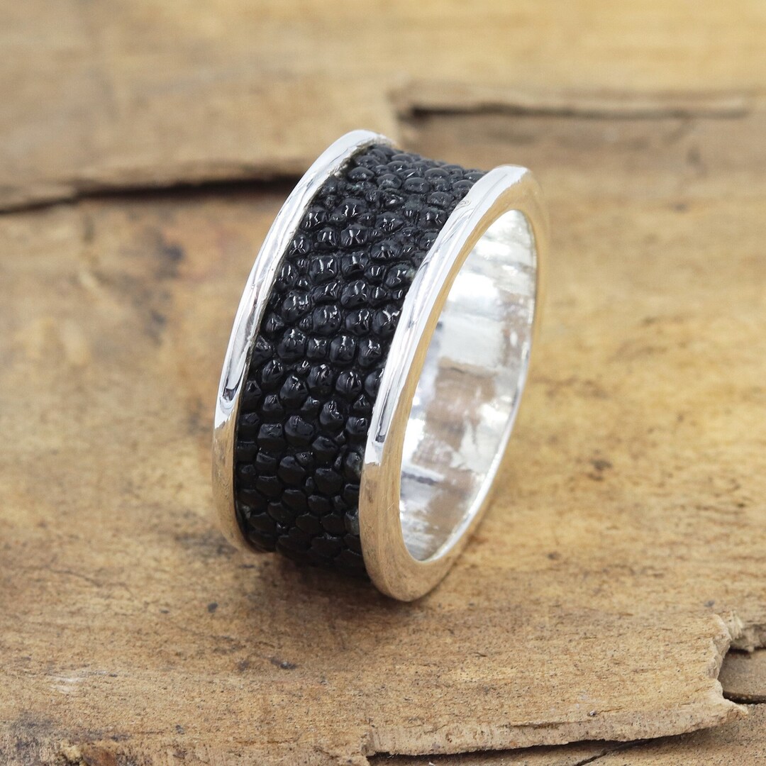 Sterling Silver Ring, Black Stingray Leather, Solid Silver Thumb Ring ...