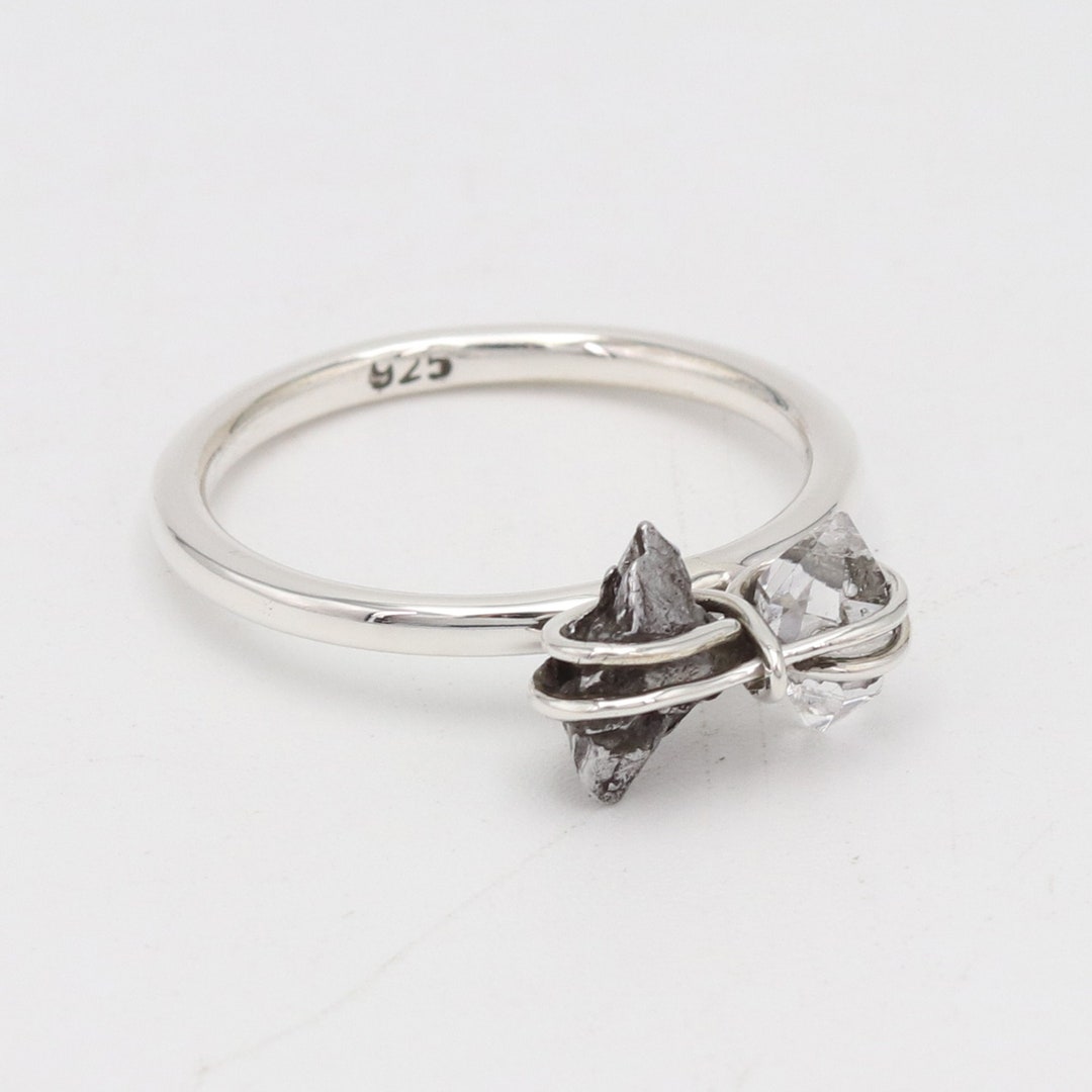 Raw Meteorite Ring, Solid Silver Ring, Raw Herkimer Diamond Ring, Ring ...