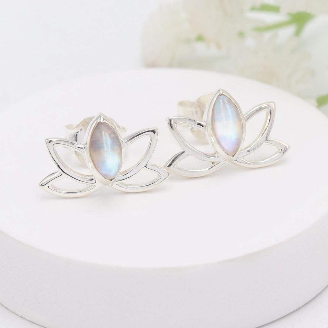 Lotus Moonstone Stud Earrings, Sterling Silver Earrings, Handmade ...