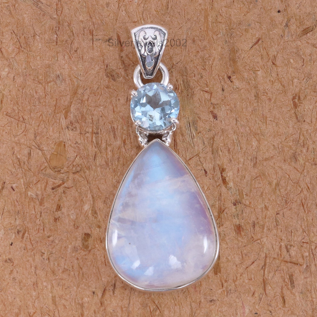 Blue Fire Moonstone Pendant-blue Topaz Necklace-mothers Day - Etsy