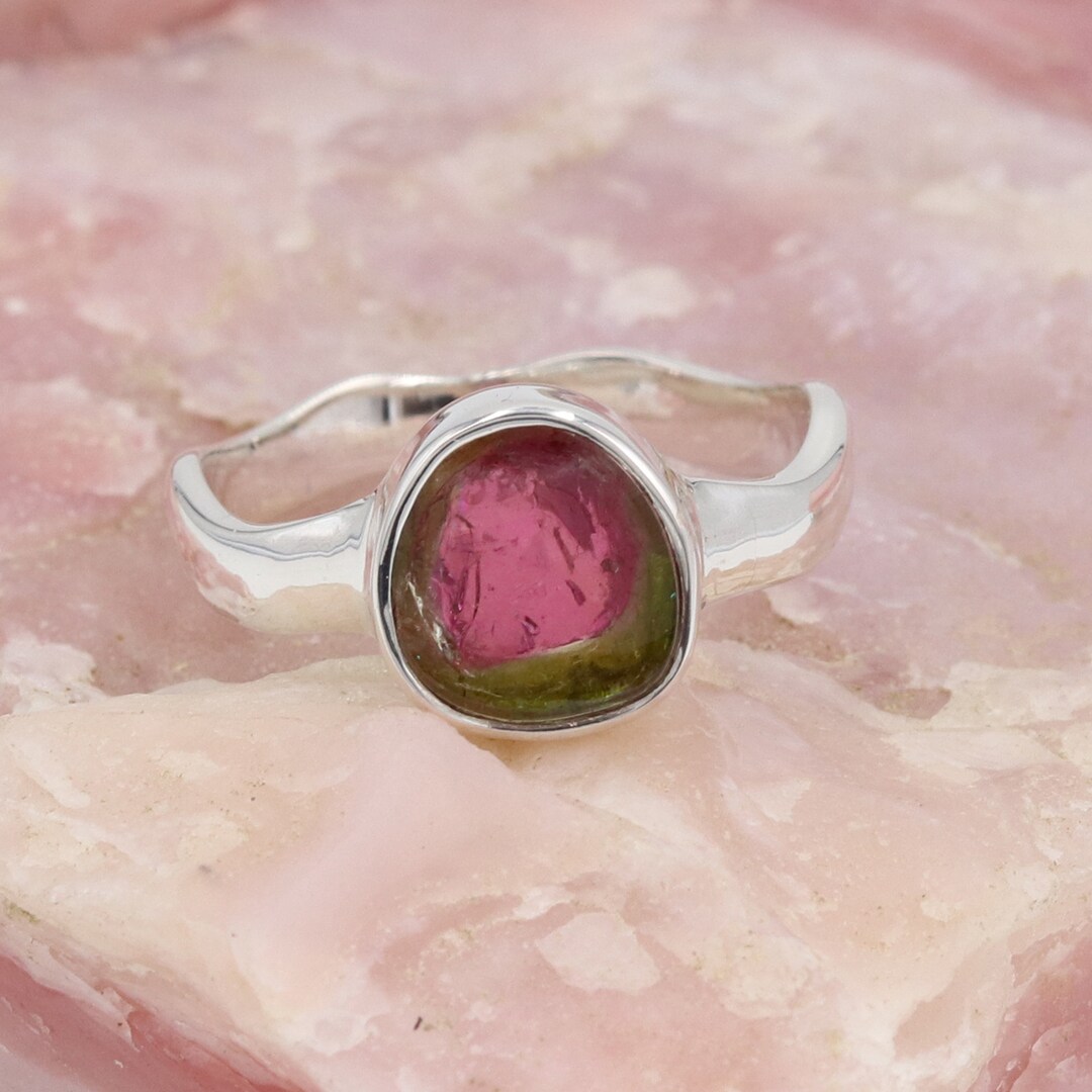 Watermelon Tourmaline & Sterling Silver Rings Unique Promise Ring Set ...