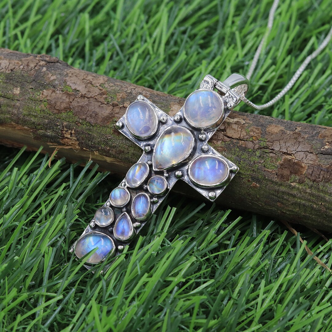 Rainbow Moonstone Cross Necklace, Sterling Silver Pendant, Handmade - Etsy