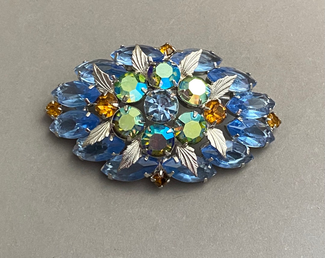 Old AB Rhinestones Brooch Pin Silver Tone Metal With - Etsy