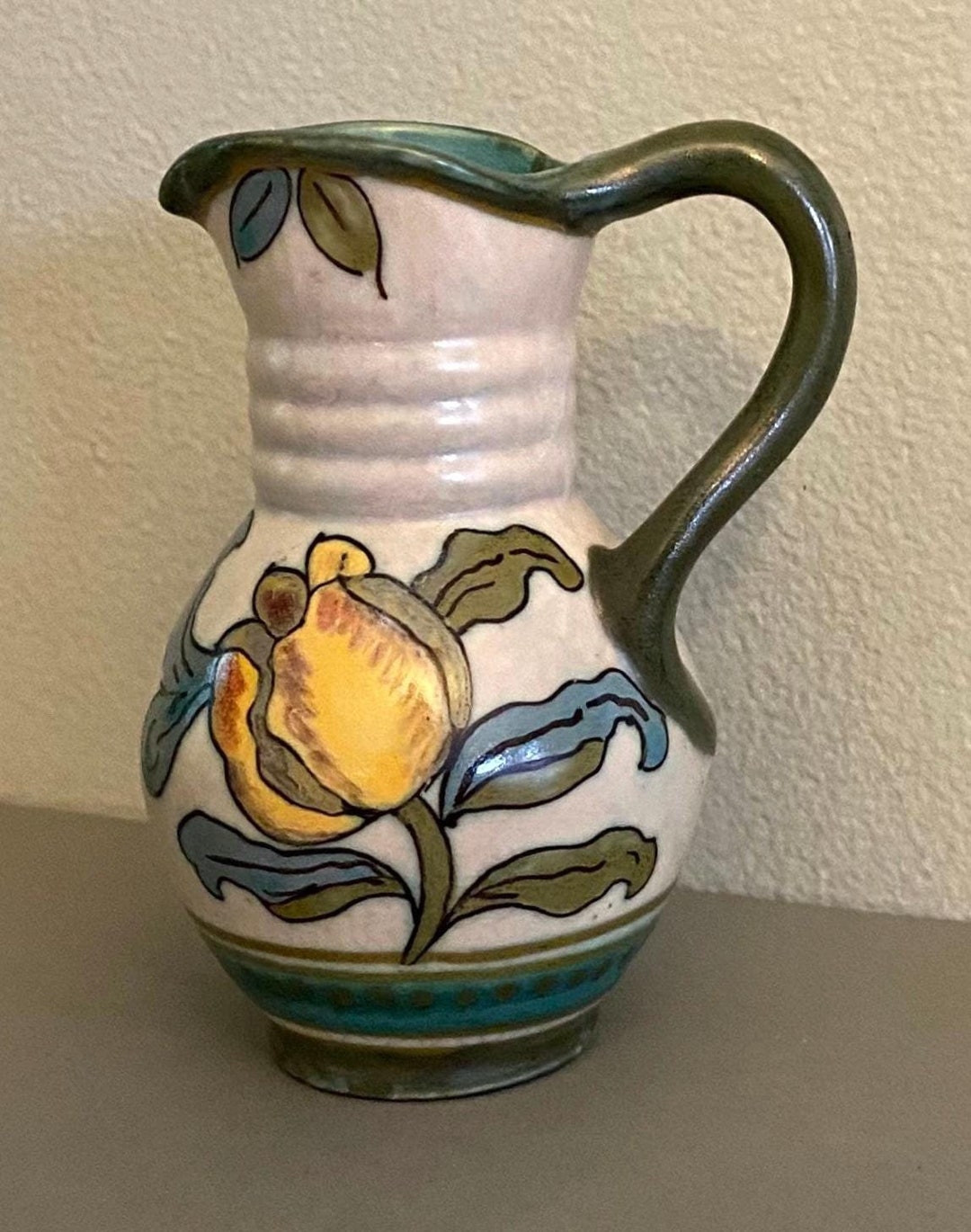 Gouda Holland Pottery Pitcher Hand-painted Tulip Pattern Art Nouveau ...