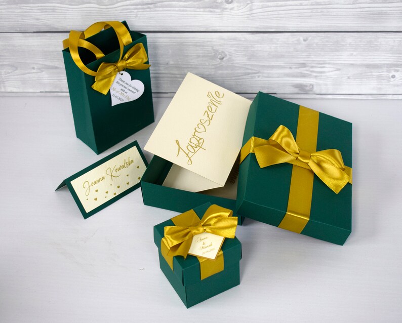 Emerald Green Favor Box – Gold Ribbon, Personalized Label - Etsy