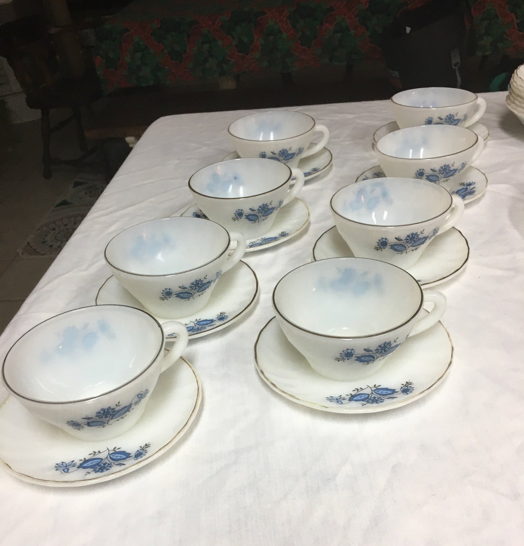 Vintage Milk Glass Blue Flower China Set - Etsy