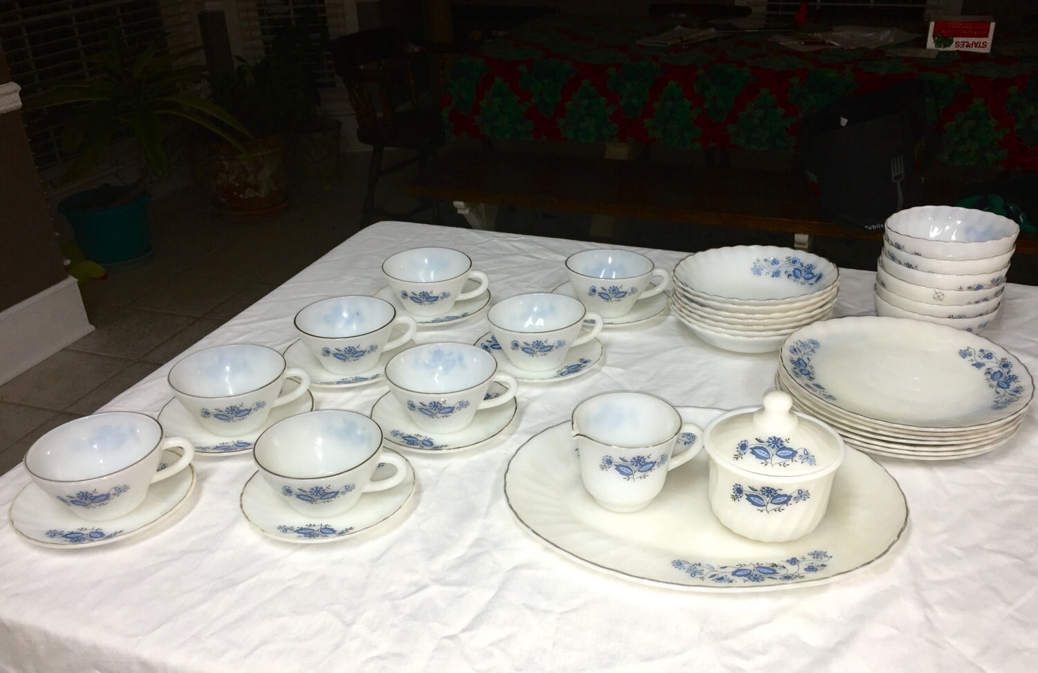Vintage Milk Glass Blue Flower China Set - Etsy