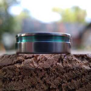 Minimalist Titanium Ring, Wedding Band, Anodized Finish, Green Groove ...