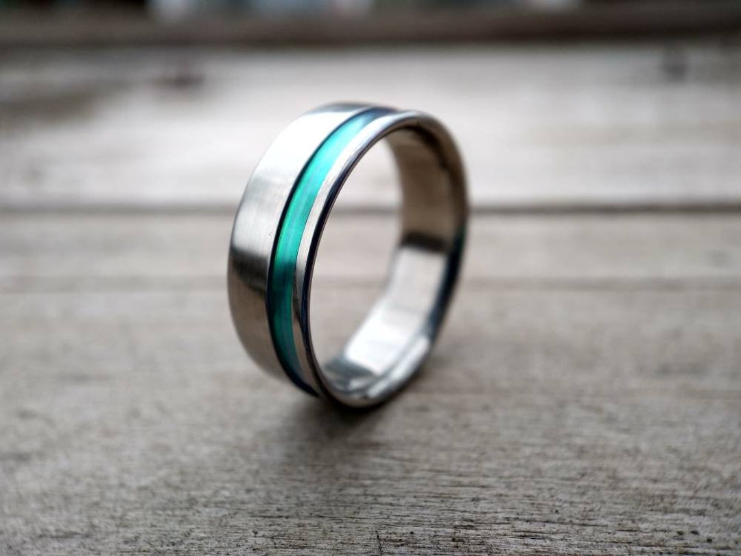 Minimalist Titanium Ring, Wedding Band, Anodized Finish, Green Groove ...