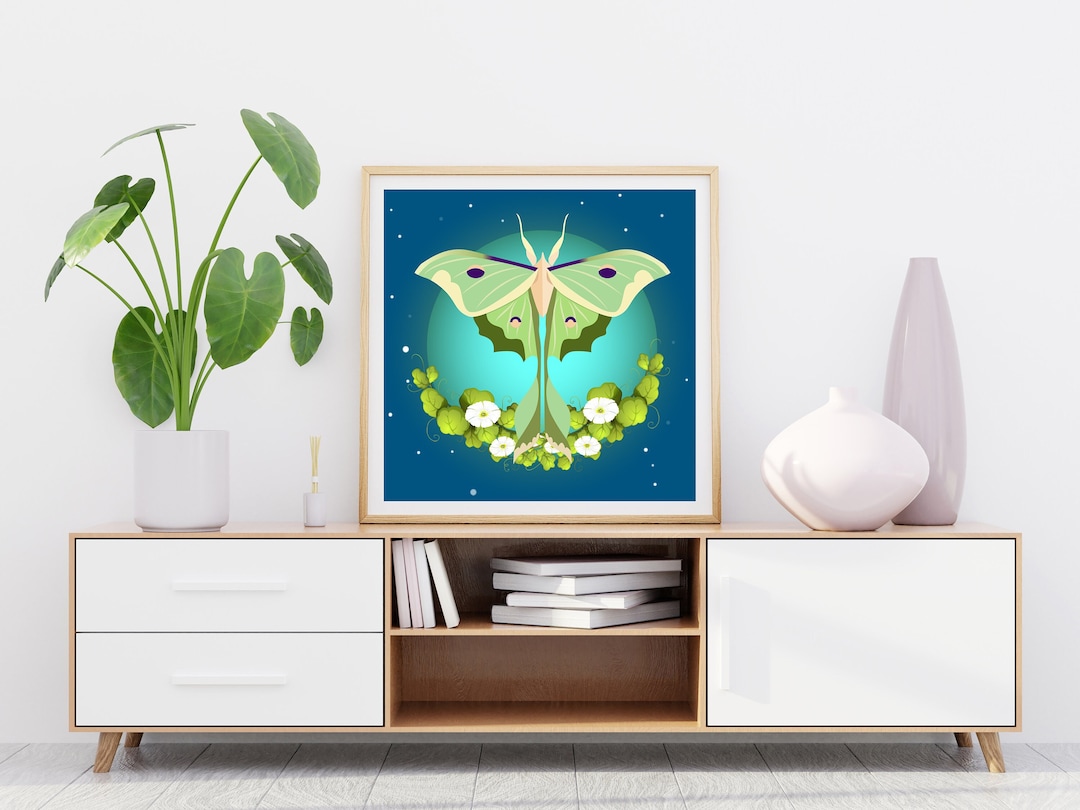 Luna Moth and Moonflowers Art - Hand Drawn Botanical Illustration Print ...
