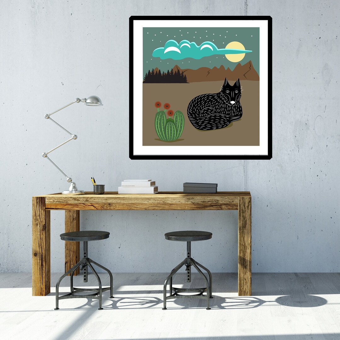 Coyote in Desert at Nighttime - Illustrated Southwest Art in Lino Cut ...