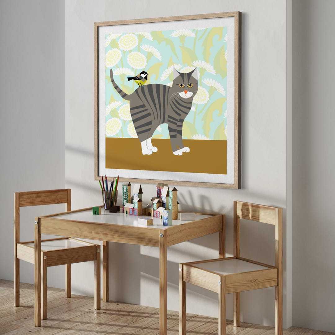 Tabby Cat and Bird Art Print: Whimsical Illustration - Etsy