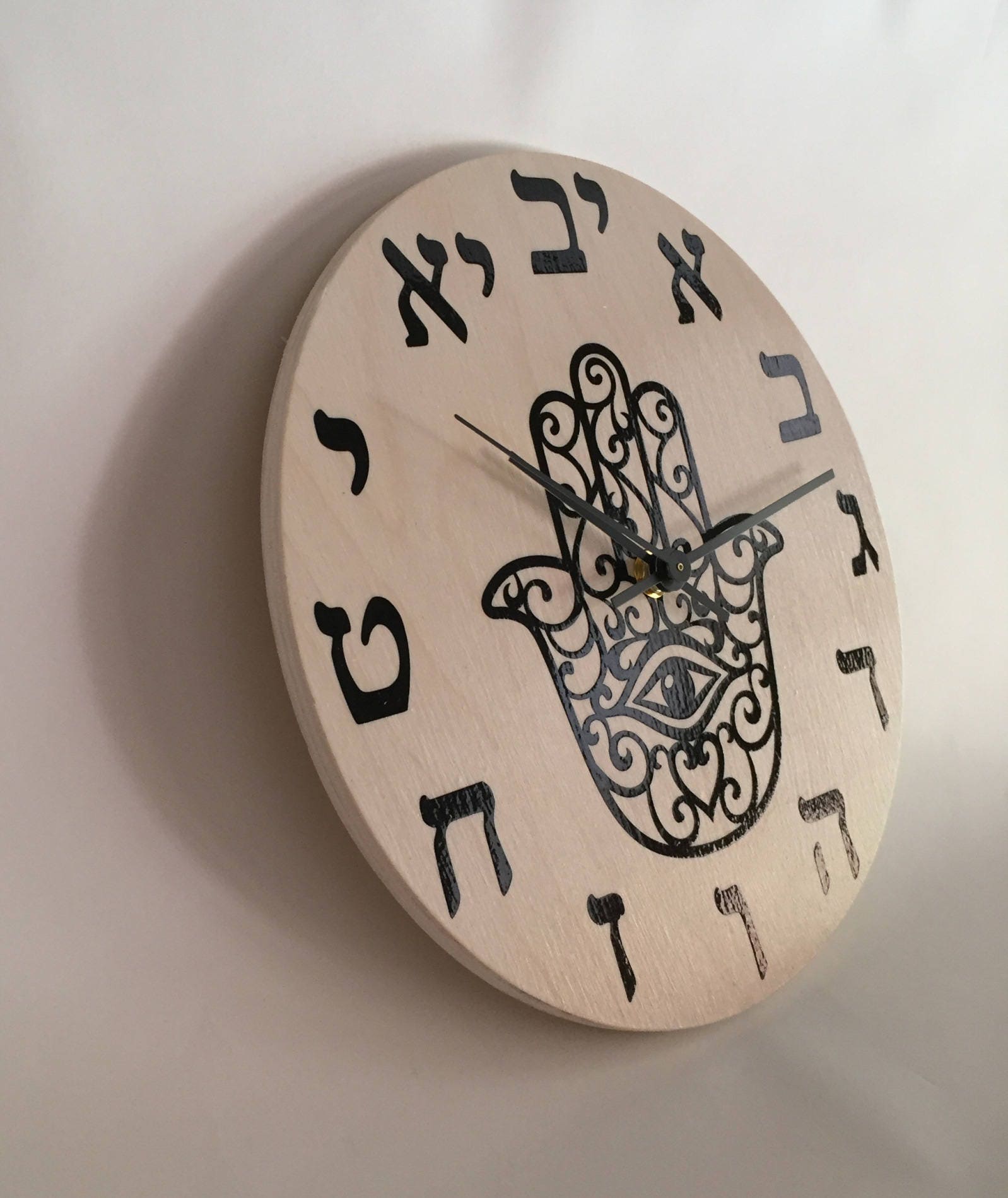 Hamsa Wall Clock Hebrew Wooden Wall Clock Evil Eye Clock - Etsy