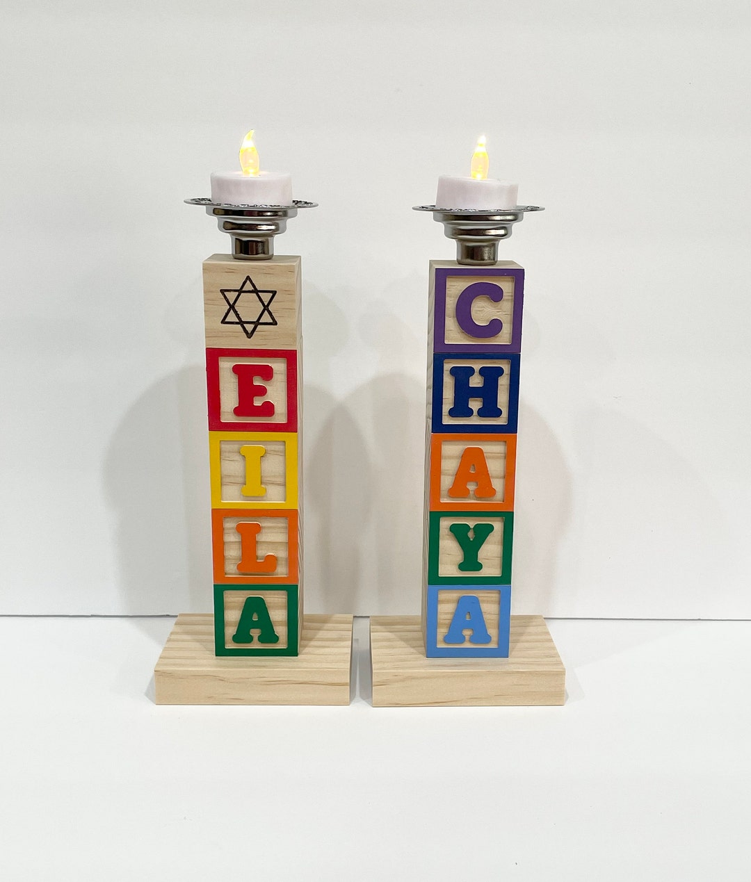 Children's Custom Tea Light Candle Sticks for Shabbat, Personalized ...