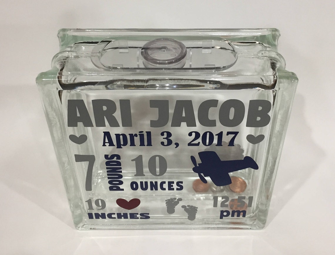 Boy Glass Block Bank With Airplane Baby Boy Shower Gift Baby - Etsy