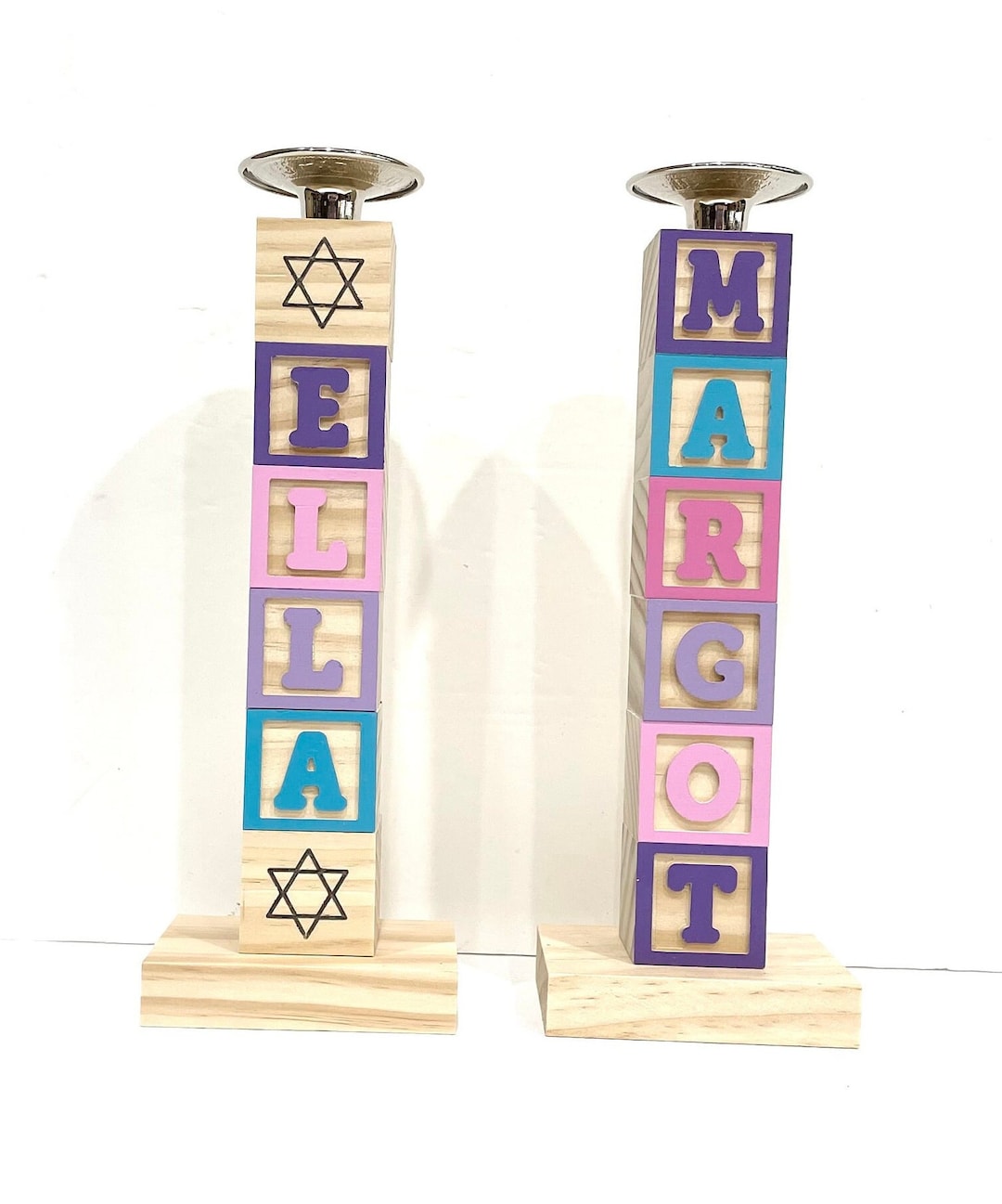 Children's Custom Candle Sticks for Shabbat, Personalized Name Block ...