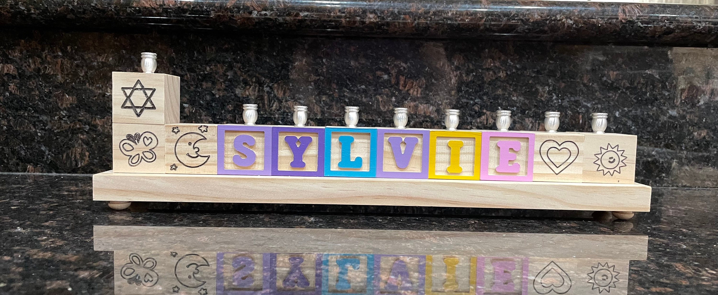 English and Hebrew Reversible Personalized Name Menorah, Child's Wooden ...