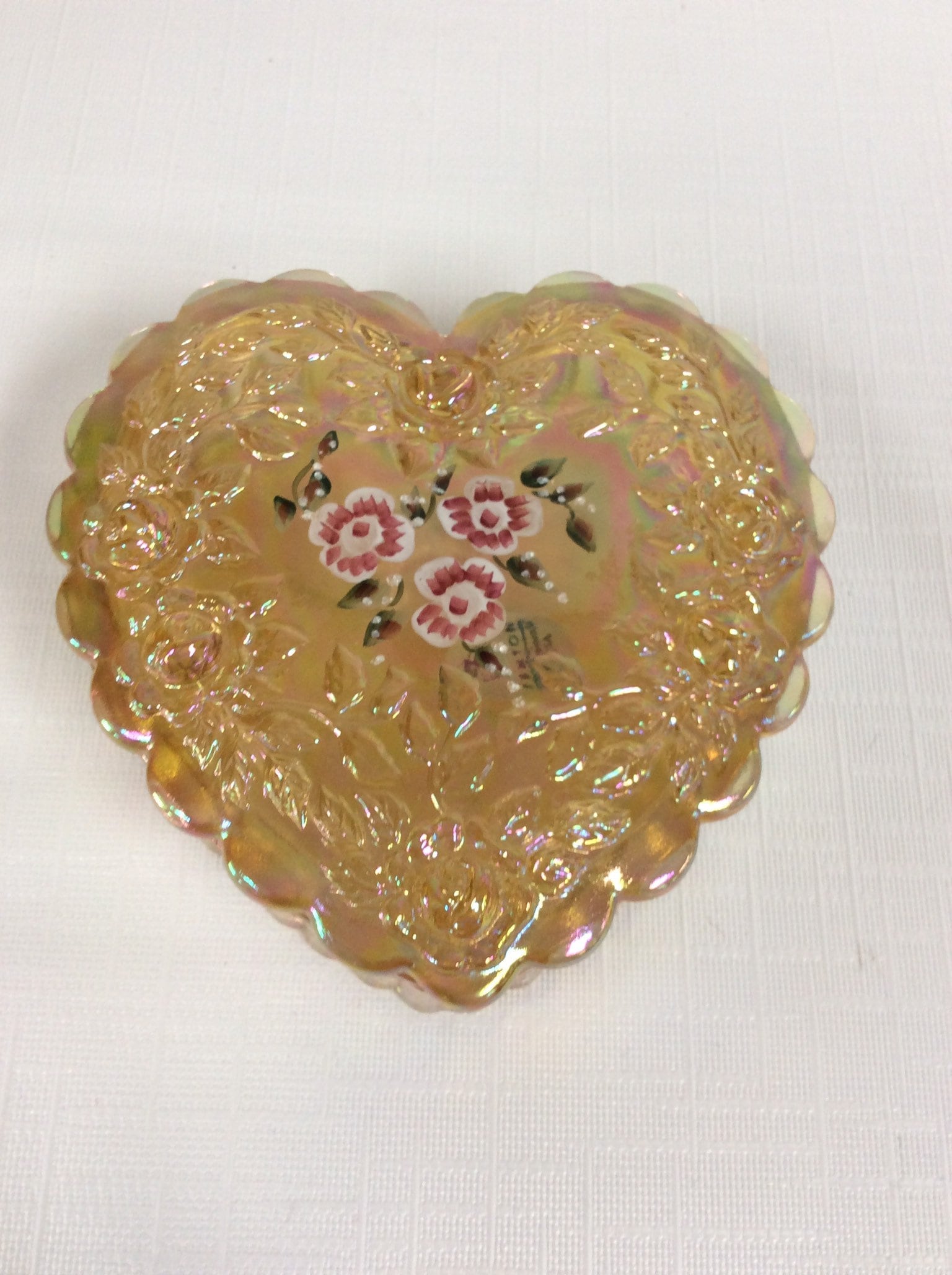 Fenton Glass heart shaped trinket box, iridescent amber with painted ...
