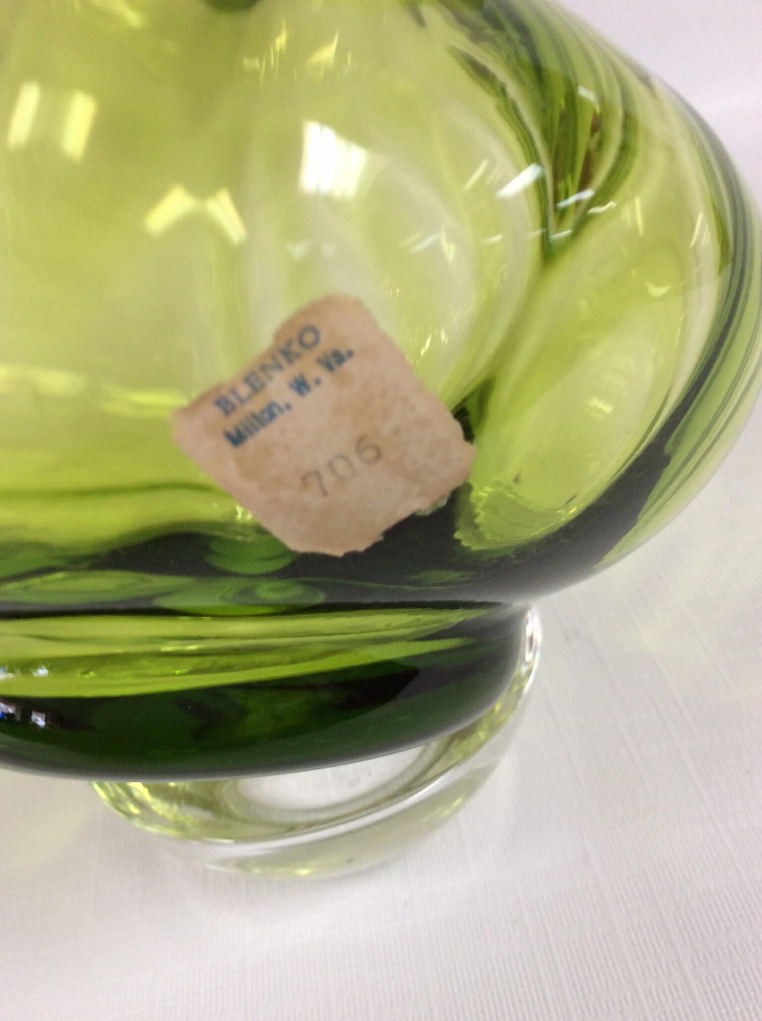 Blenko Glass hand blown vase 706 optic in olive green