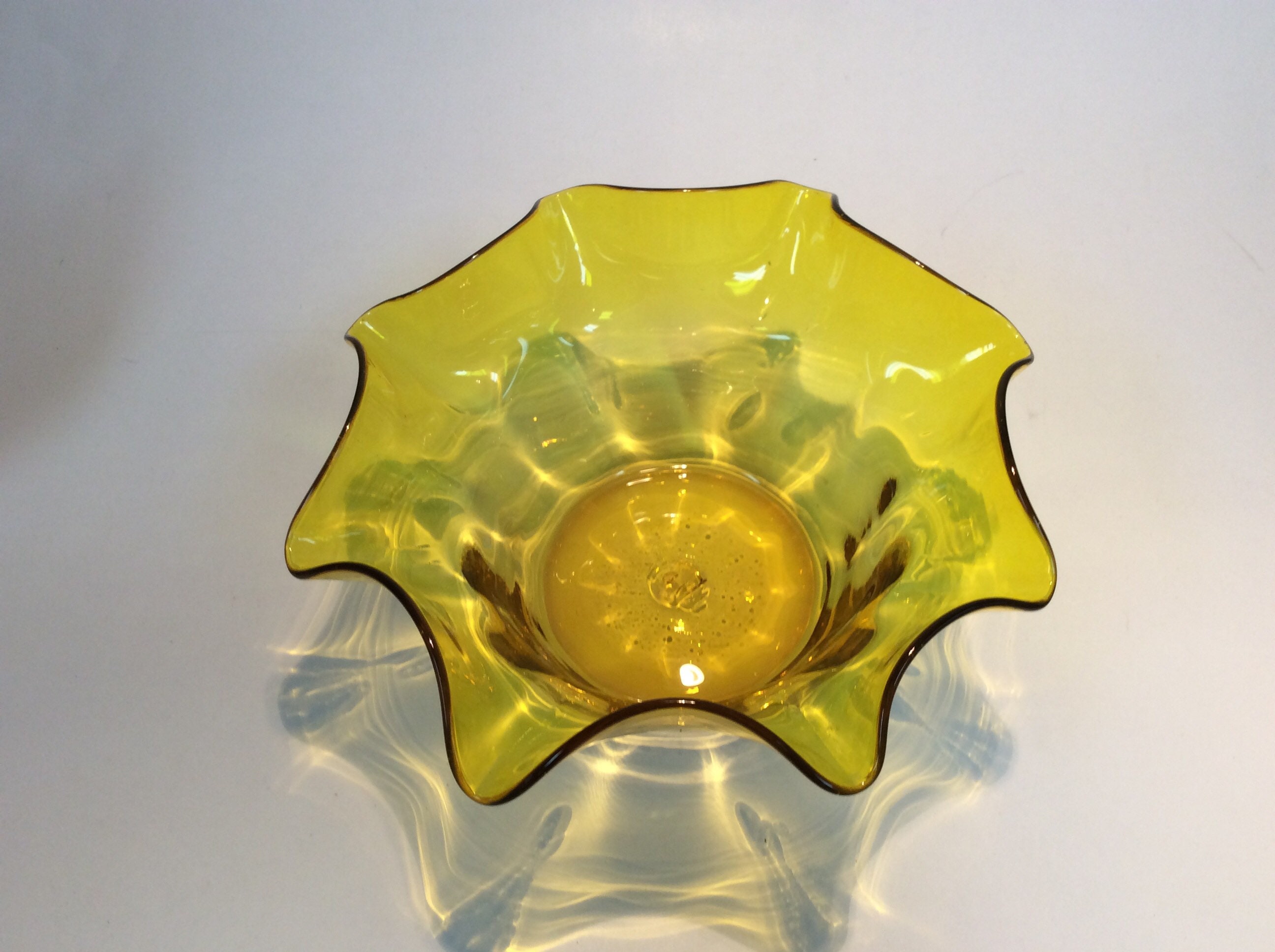 Blenko Glass vintage #3744X ruffled bowl in lemon yellow