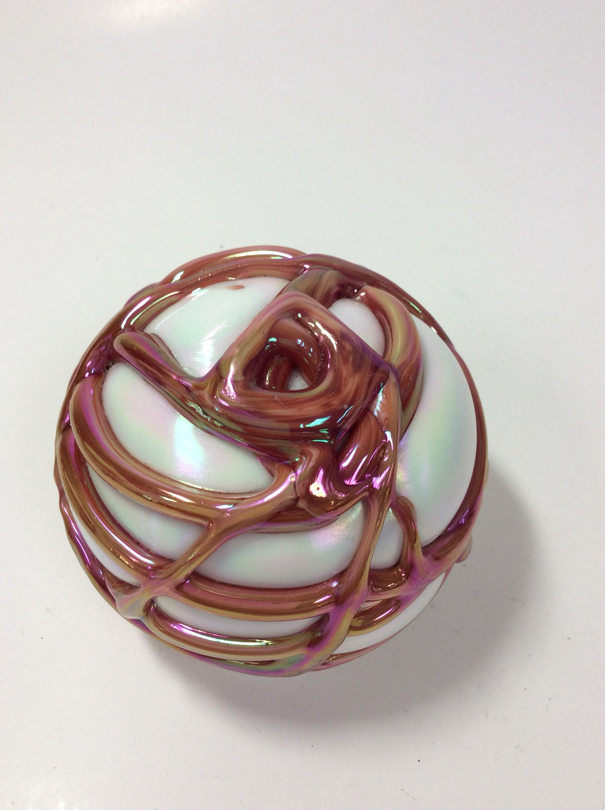 Gibson Glass hand made paperweight pearl white with orange cobweb pattern
