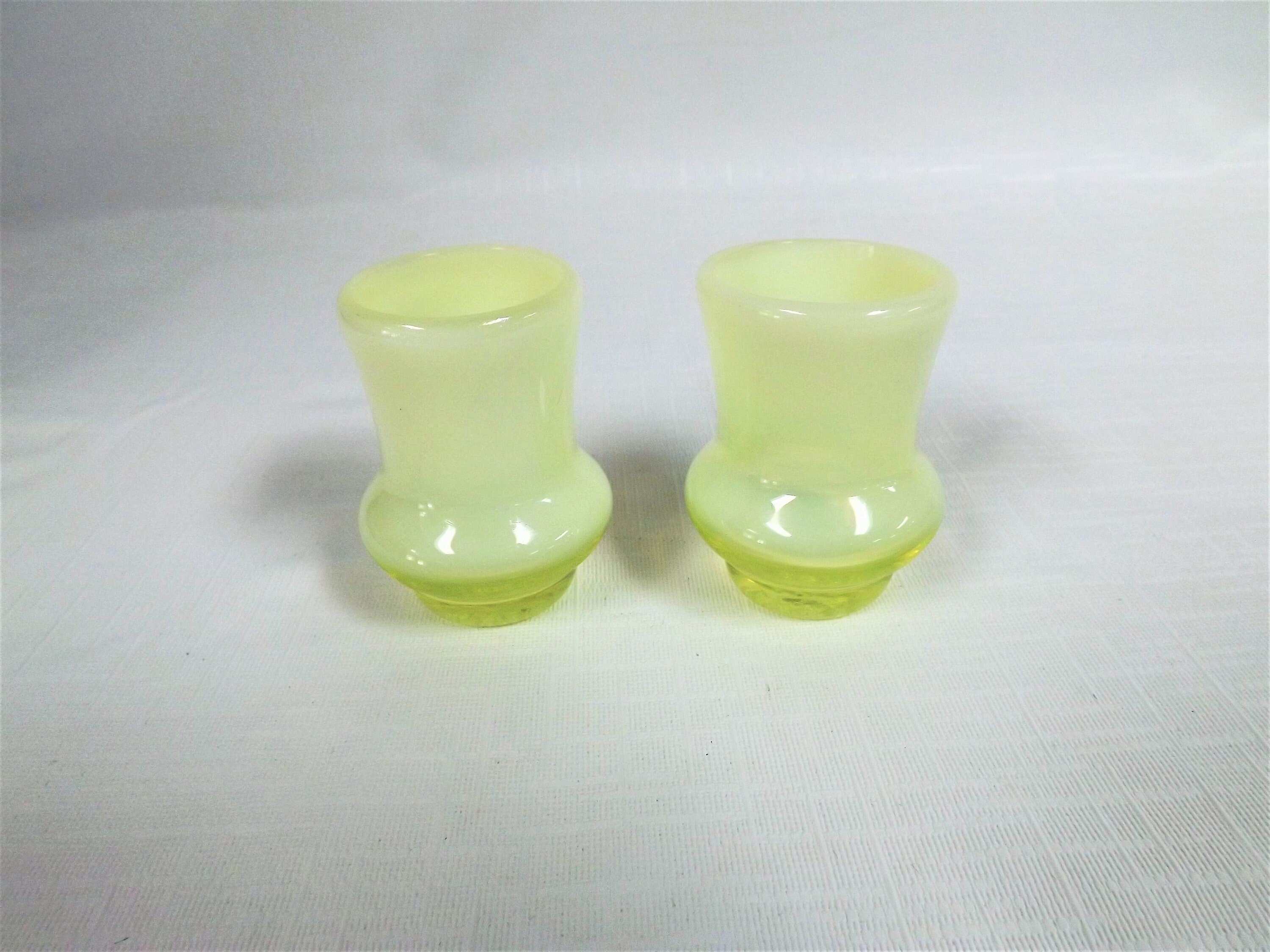 Gibson Glass Opalescent Vaseline Glass Shot Glasses Pair Handblown