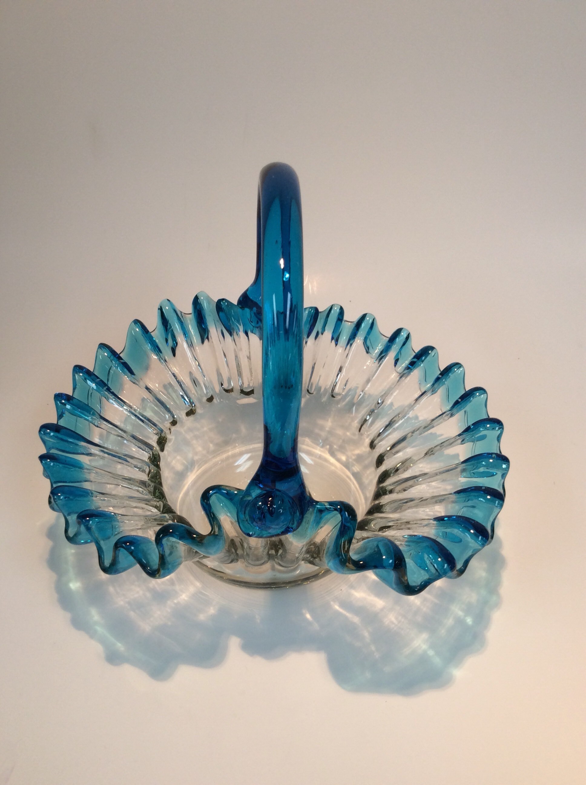 Blenko Glass 934 hand blown ruffled basket, crystal with turquoise blue ...