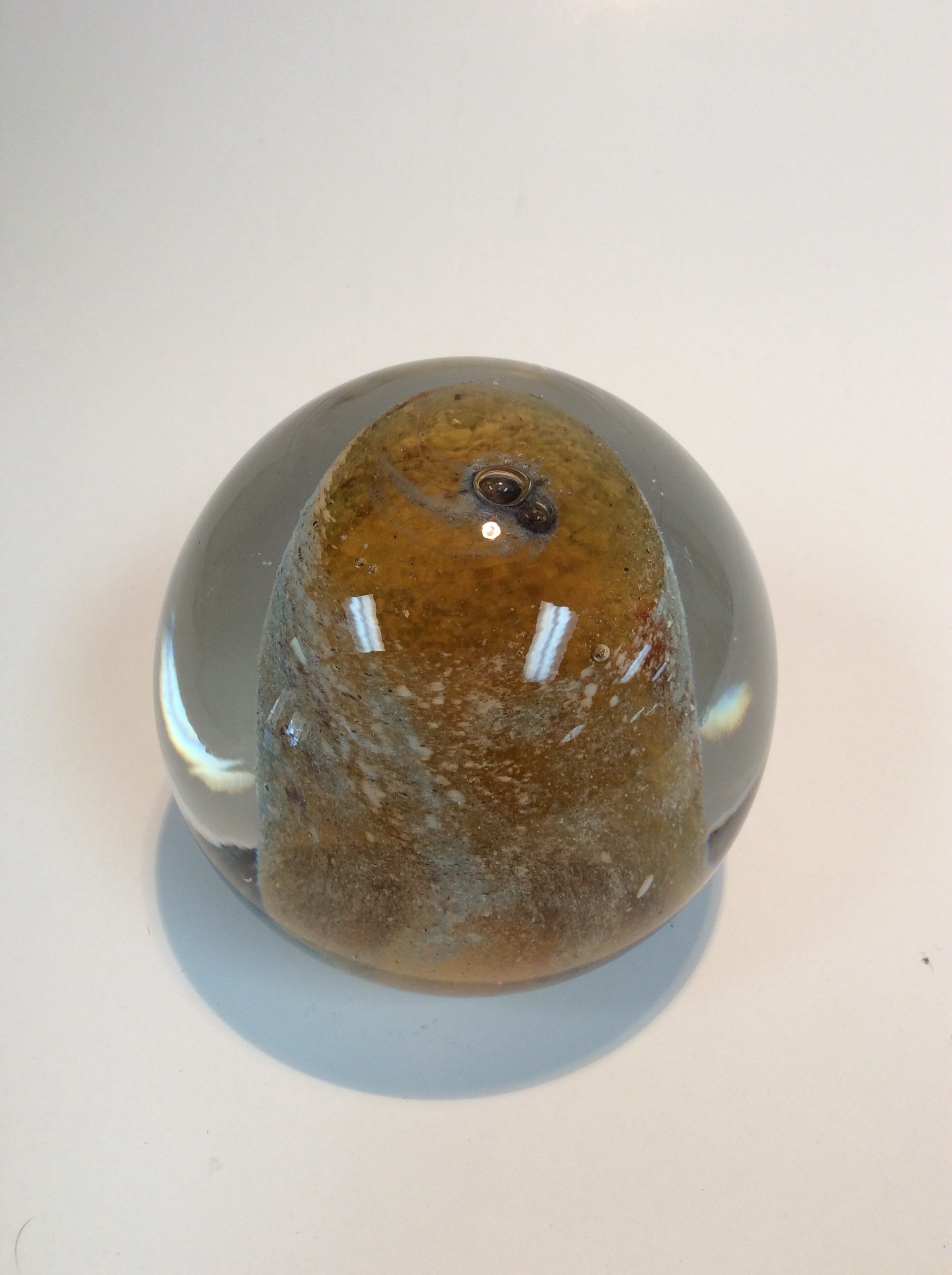 Blenko Glass vintage non catalog paperweight, gold center with white frit