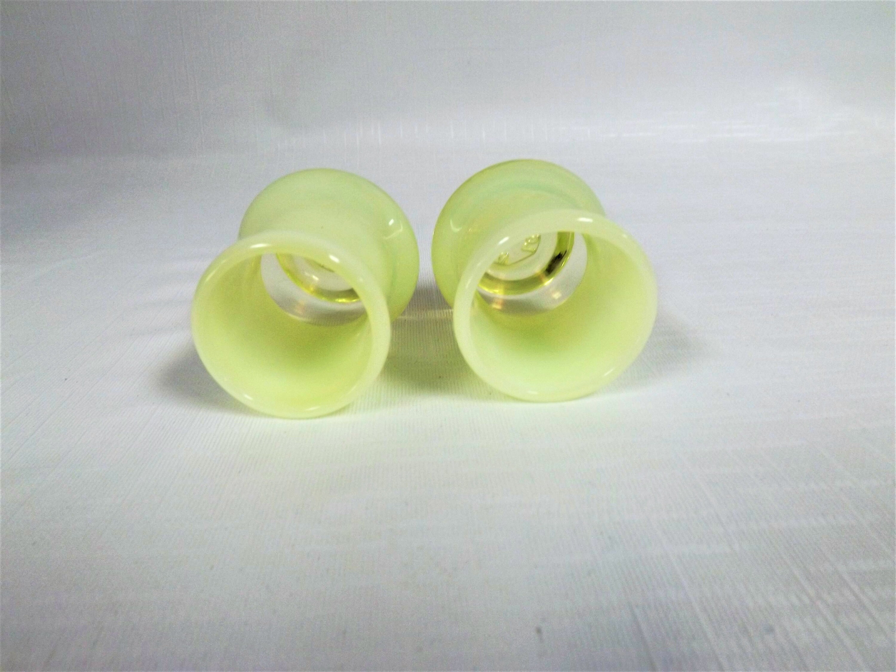 Gibson Glass Opalescent Vaseline Glass Shot Glasses Pair Handblown