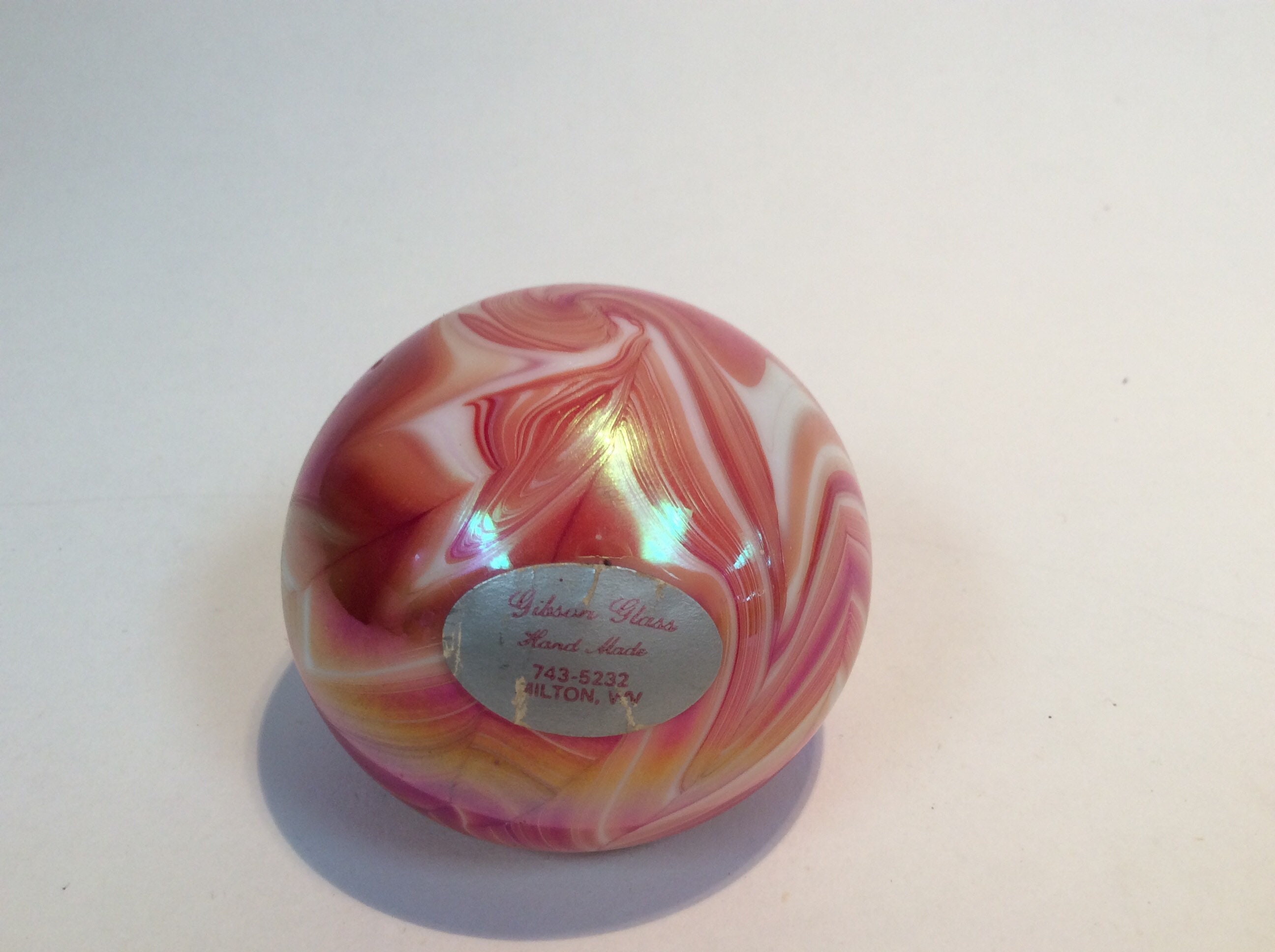 Gibson Glass hand made slag glass paperweight, red, orange and white ...