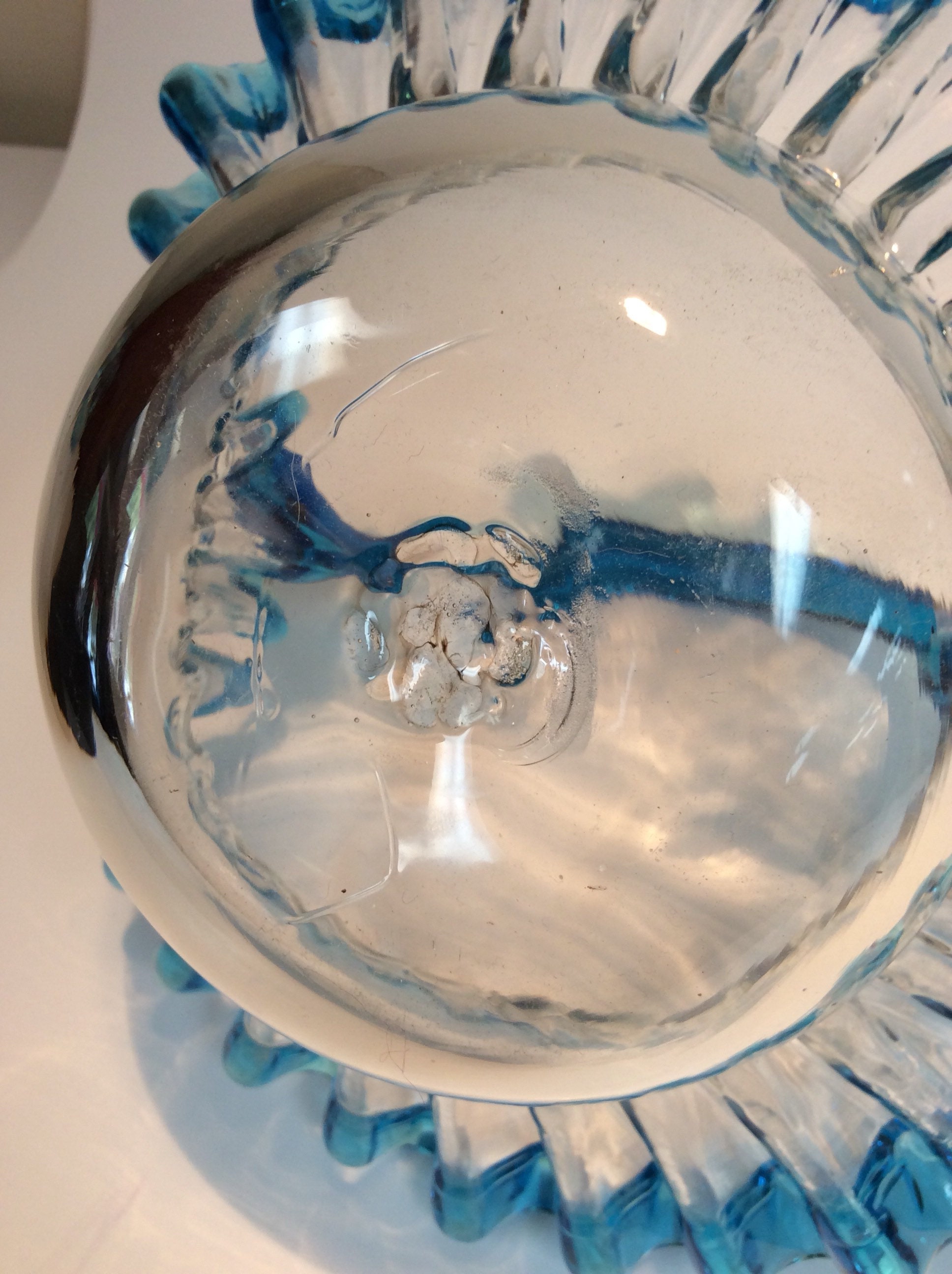 Blenko Glass 934 hand blown ruffled basket, crystal with turquoise blue ...