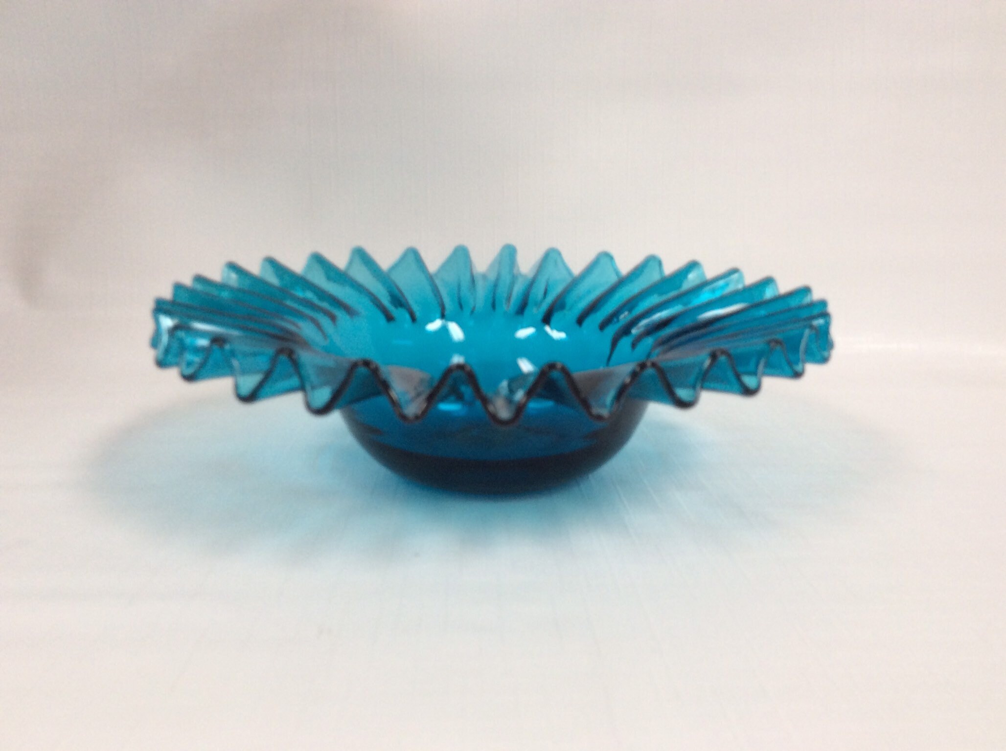 Blenko Glass vintage 5423 crimped in teal blue, Husted design, hand blown