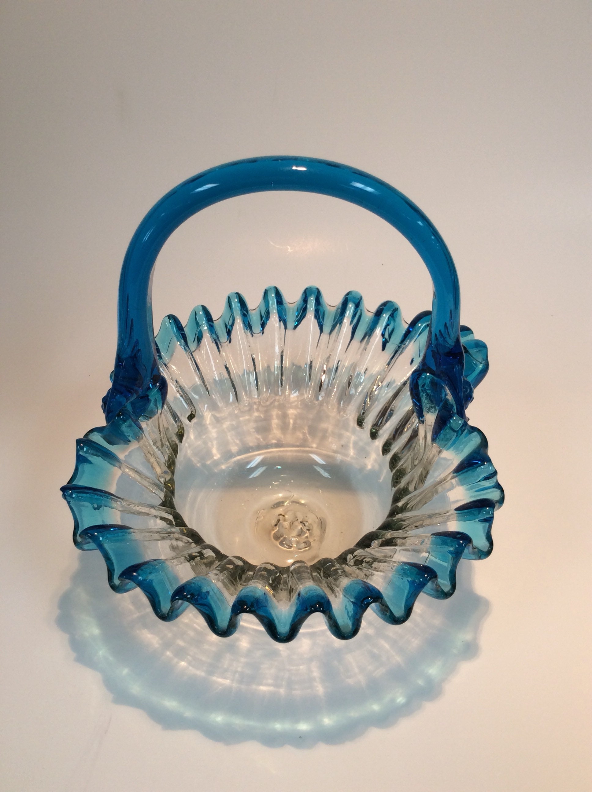 Blenko Glass 934 hand blown ruffled basket, crystal with turquoise blue ...